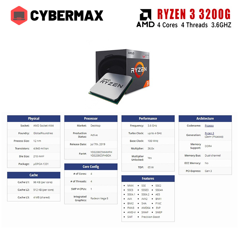 AMD Ryzen 3 3200G Desktop Processor 3.6GHz 4-Core 4-Thread Tray Type ...