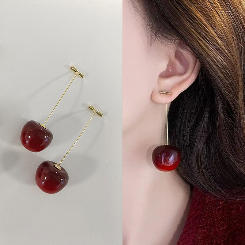 Chic Cherry Drop Earrings with Silver Pins, Unique Long Cherry Fruit ...