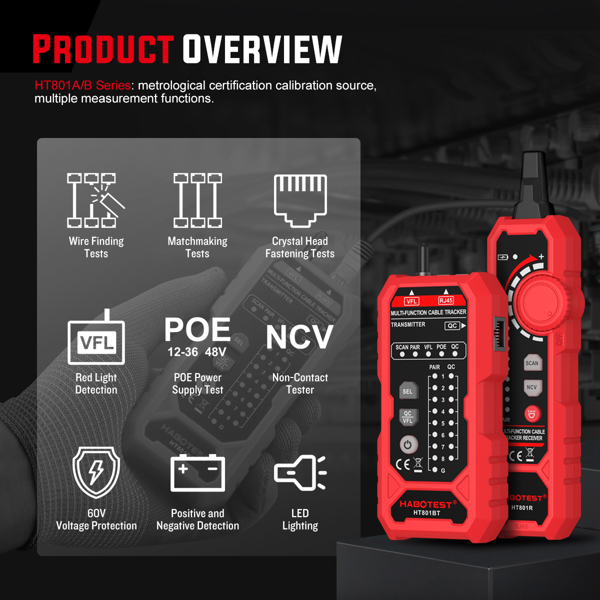 HABOTEST HT801A/B Ethernet LAN Network Cable Tester Line Detector RJ11 ...