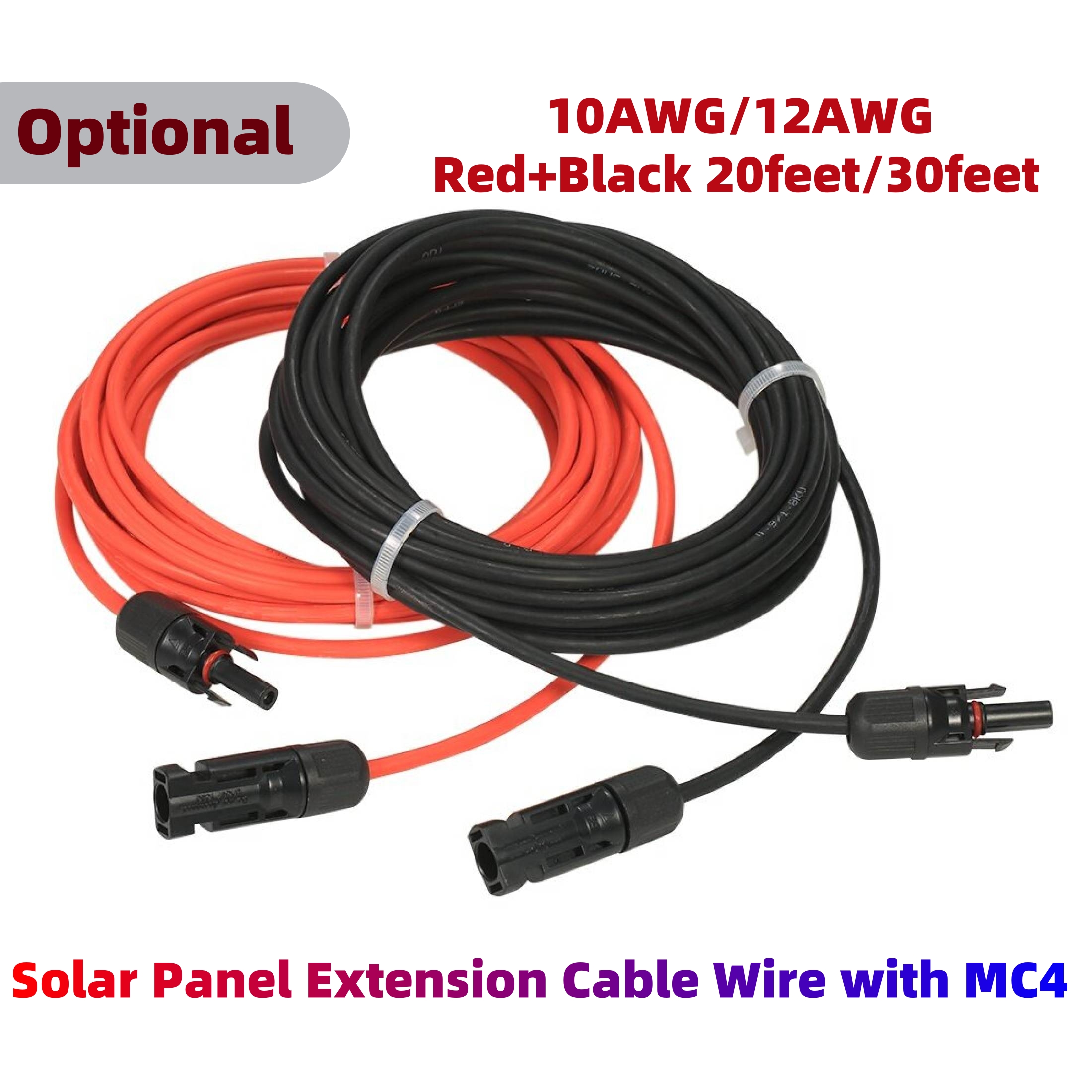1Pair Black & Red , 20/30 Feet 10AWG Solar Panel Extension Cable Wire ...