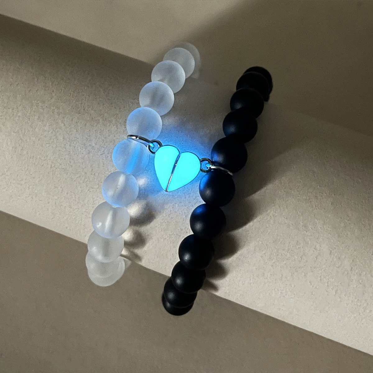 Glow in The Dark Crown Couple Bracelet Set Heart Beaded Luminous ...