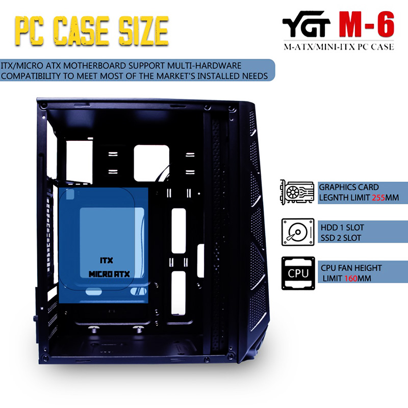 YGT M6 Gaming PC Case Tempered Glass Desktop Computer Case MATX Black ...