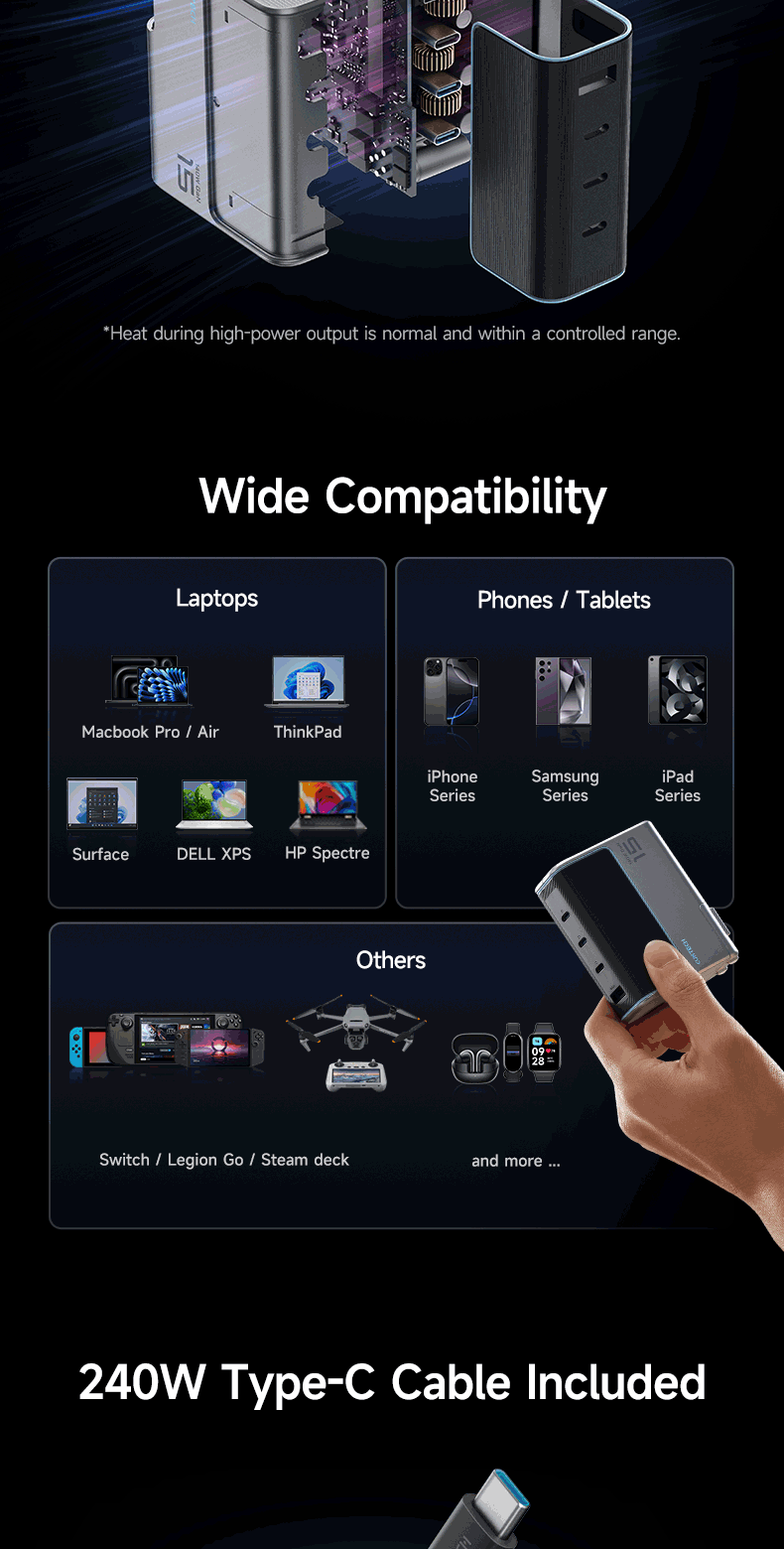 CUKTECH 140W MAX GaN USB-C Charger Set with 1.5M 6A 240W CTC Cable Fast ...