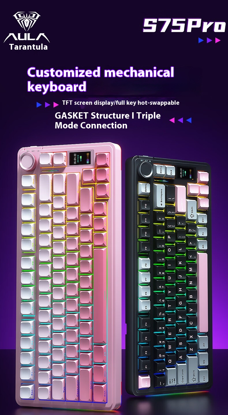 AULA S75 Pro Wireless Mechanical Keyboard 75% Hot swappable RGB GASKET Custom Gaming Keyboard ...