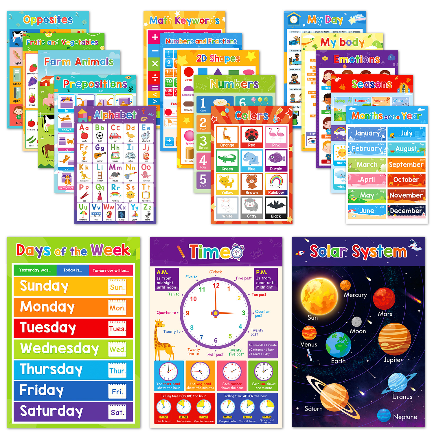 16PCS Educational Chart For Kids ABC English Alphabet Number Posters ...