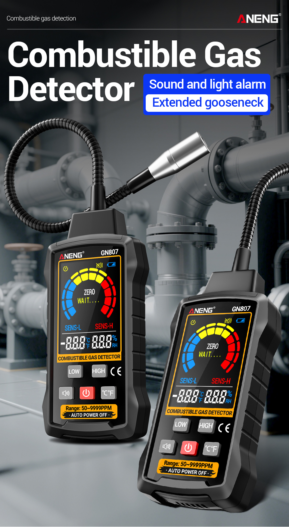 ANENG GN807 Combustible Gas Detector 50~10000PPM Methane Detection Various Flammable Gases Sound ...