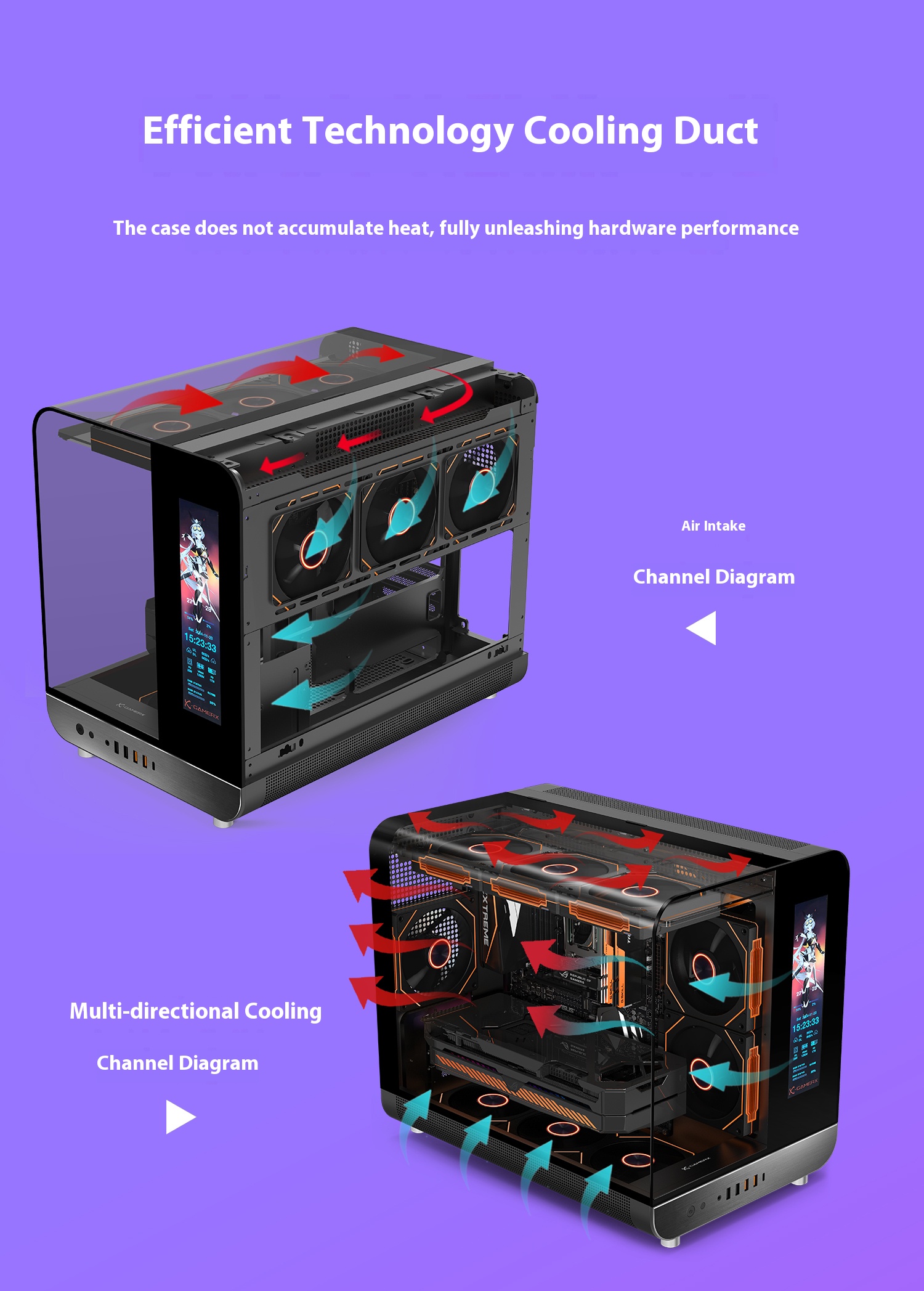 X-GAMERX Future Computer Cases Wings LCD Edition Black Seaview Room Case MATX Vertical 360 Water ...