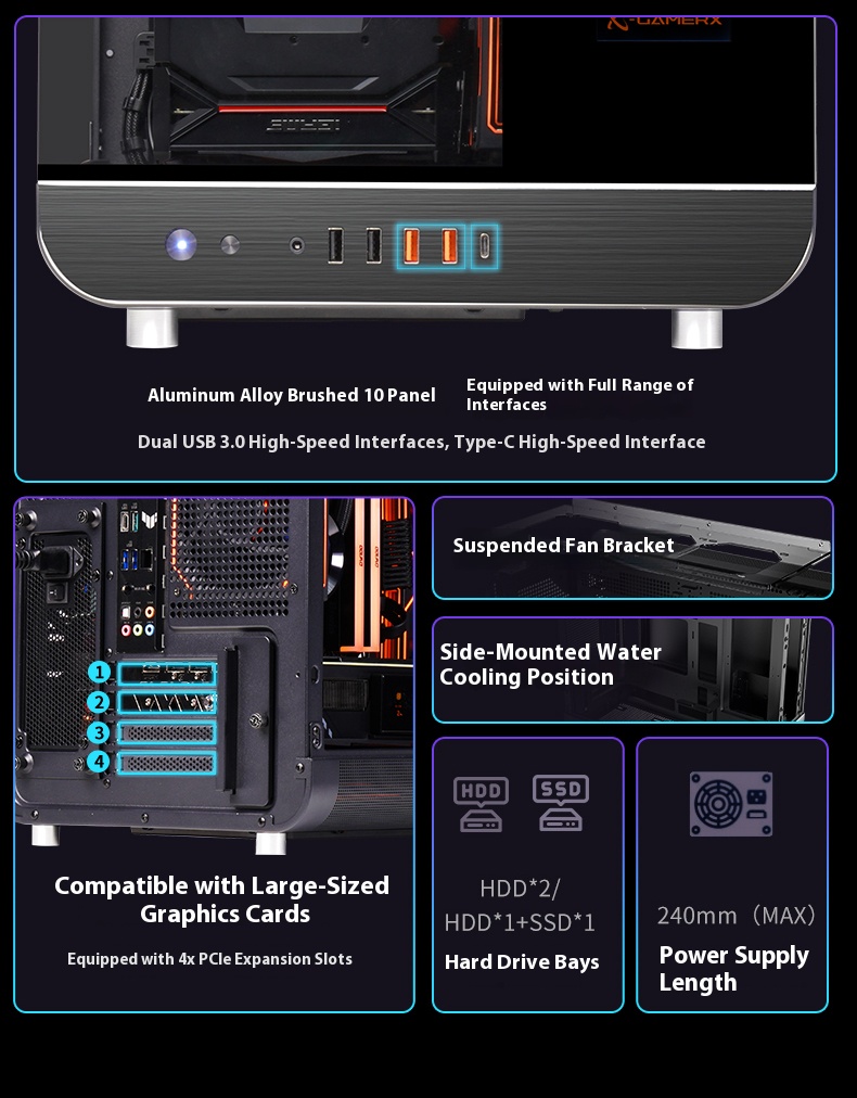 X-GAMERX Future Computer Cases Wings LCD Edition Black Seaview Room Case MATX Vertical 360 Water ...