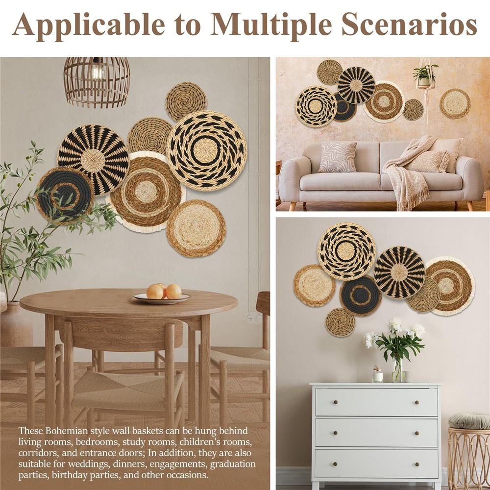WREN 7PCS Boho Wall Baskets Round Shape Seagrass Handmade Wall Art ...