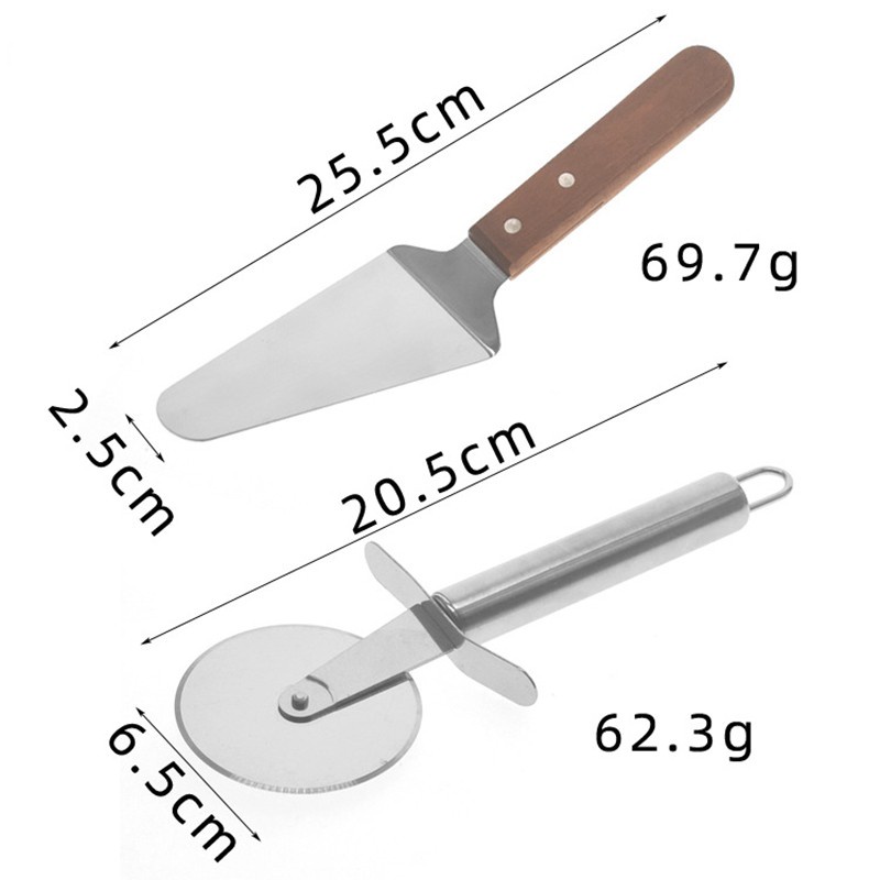 10-inch metal pizza crust with wooden handle, cutting wheel and spatula ...