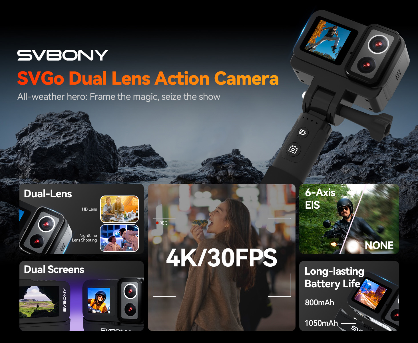 Svbony SVGO 4K Action Camera Dual-Lens IPX8 6650mAh 145° Wide Angle for ...