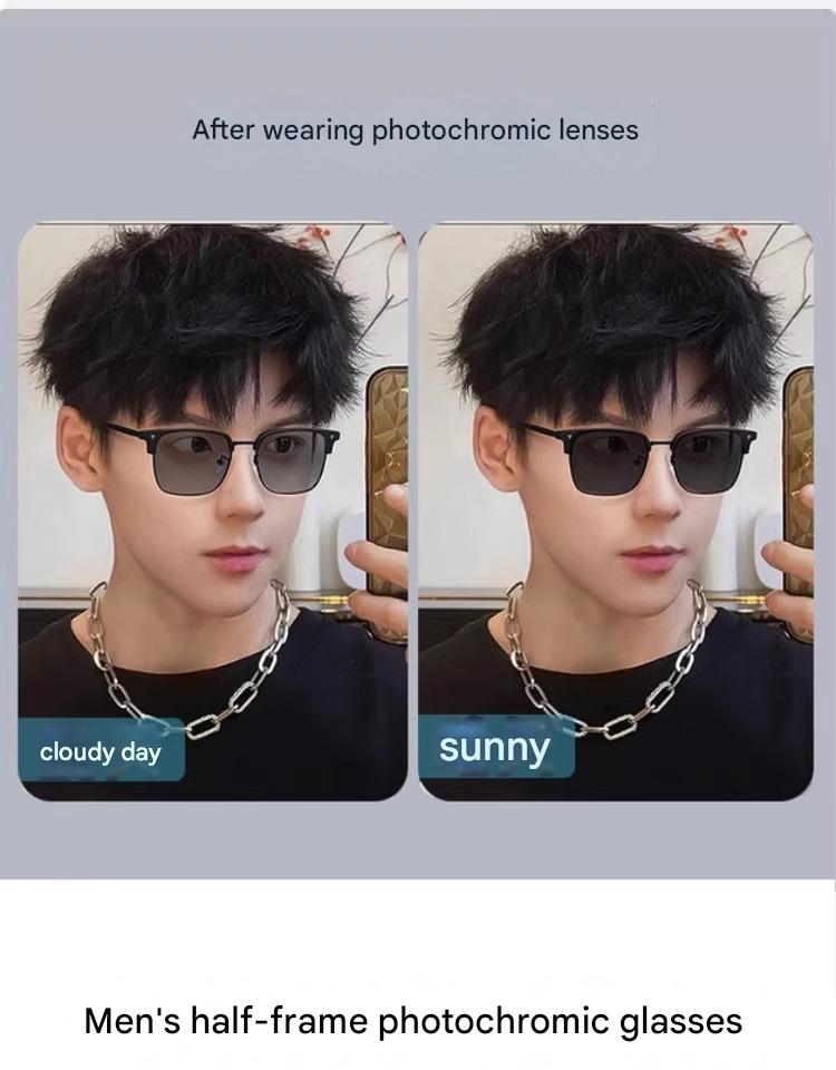 Photochromic Anti Blue Light Glasses Rectangle Semi Rimless For Men ...