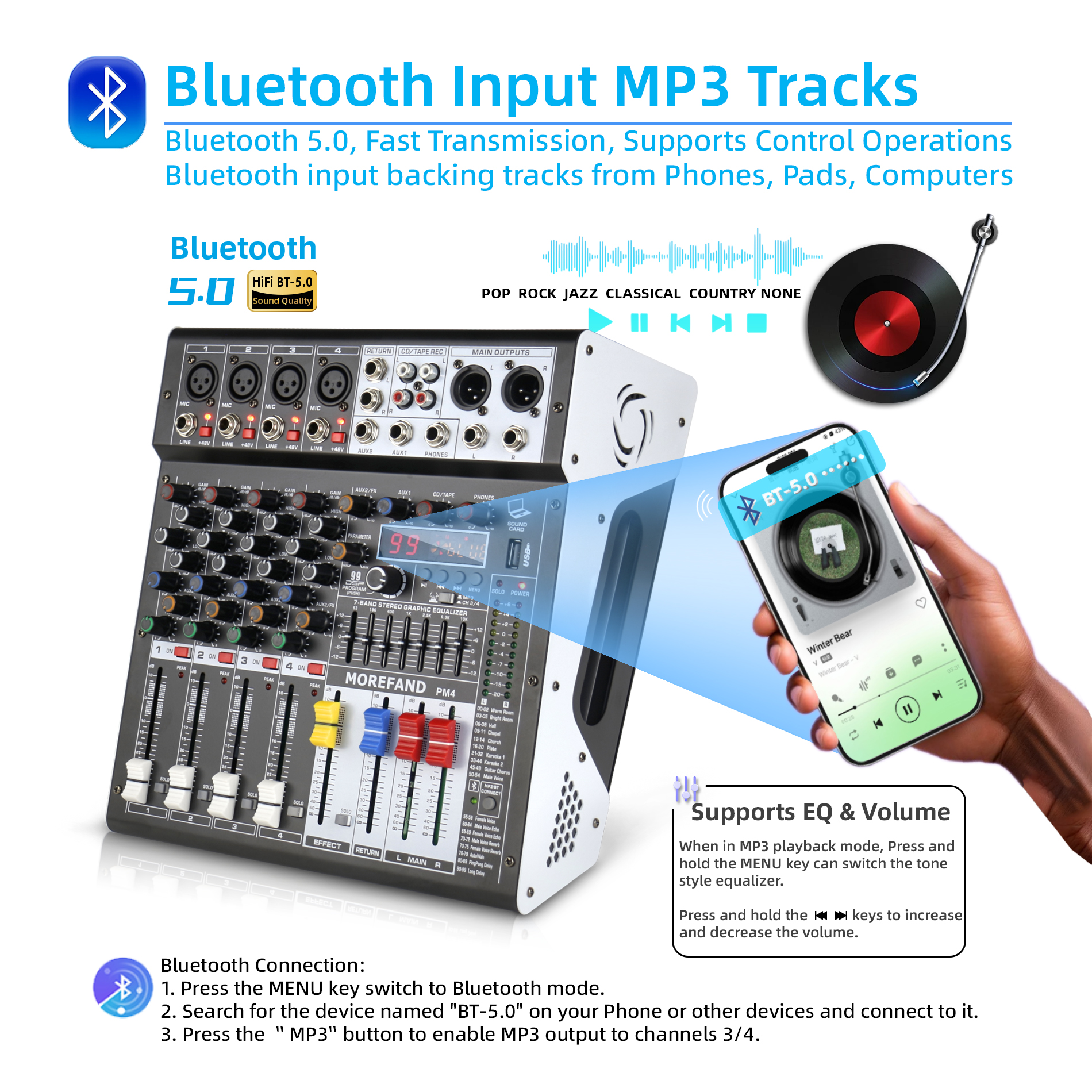 Mixer audio, full-function with power amplifier equalizer, 48V phantom ...