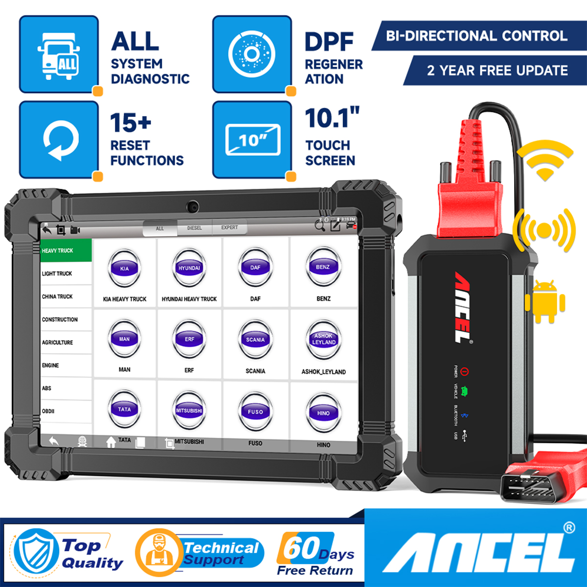 ANCEL X7 HD 12V 24V Heavy Duty Truck Bi-directional OBD2 Scanner 40 ...