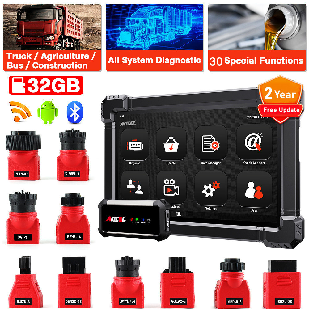 ANCEL X7 HD Heavy Duty Truck Bidirectional OBD2 Scanner 12/24V ECU ...