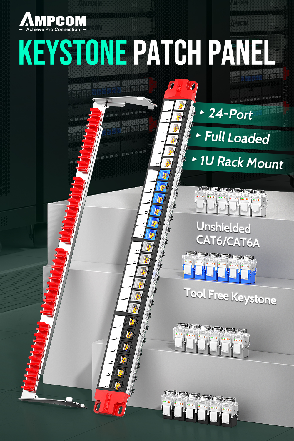 AMPCOM 1U 24-Port Keystone Patch Panel, UTP Rack-Mounted with Rear ...
