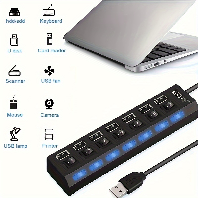 USB Hub Adapter LED Power On Off Switch Multi Usb Ports Extension for ...