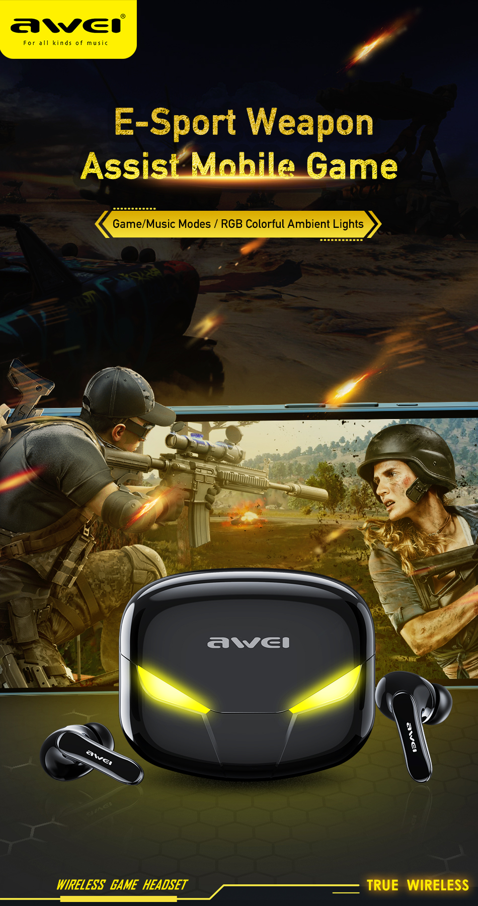 Awei T35 Wireless TWS Gaming Earbuds Bluetooth 5.0 Ultra Low Latency ...