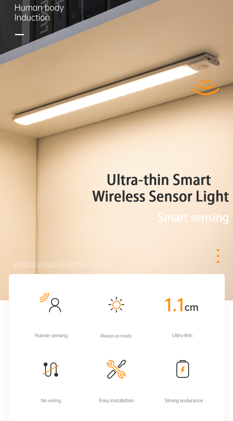 3 Colors LED Cabinet Light USB Type-C Rechargeable Motion Sensor Led ...