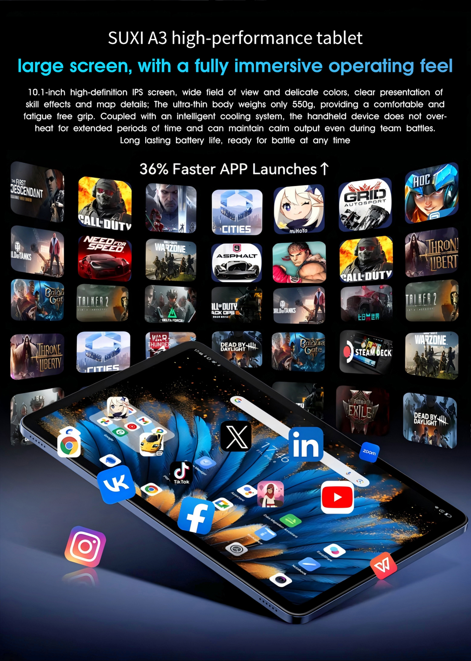 SUXI A3 Tablet Android kids 10.1" 12+128GB 6000mah Dual SIM Slot Gaming ...