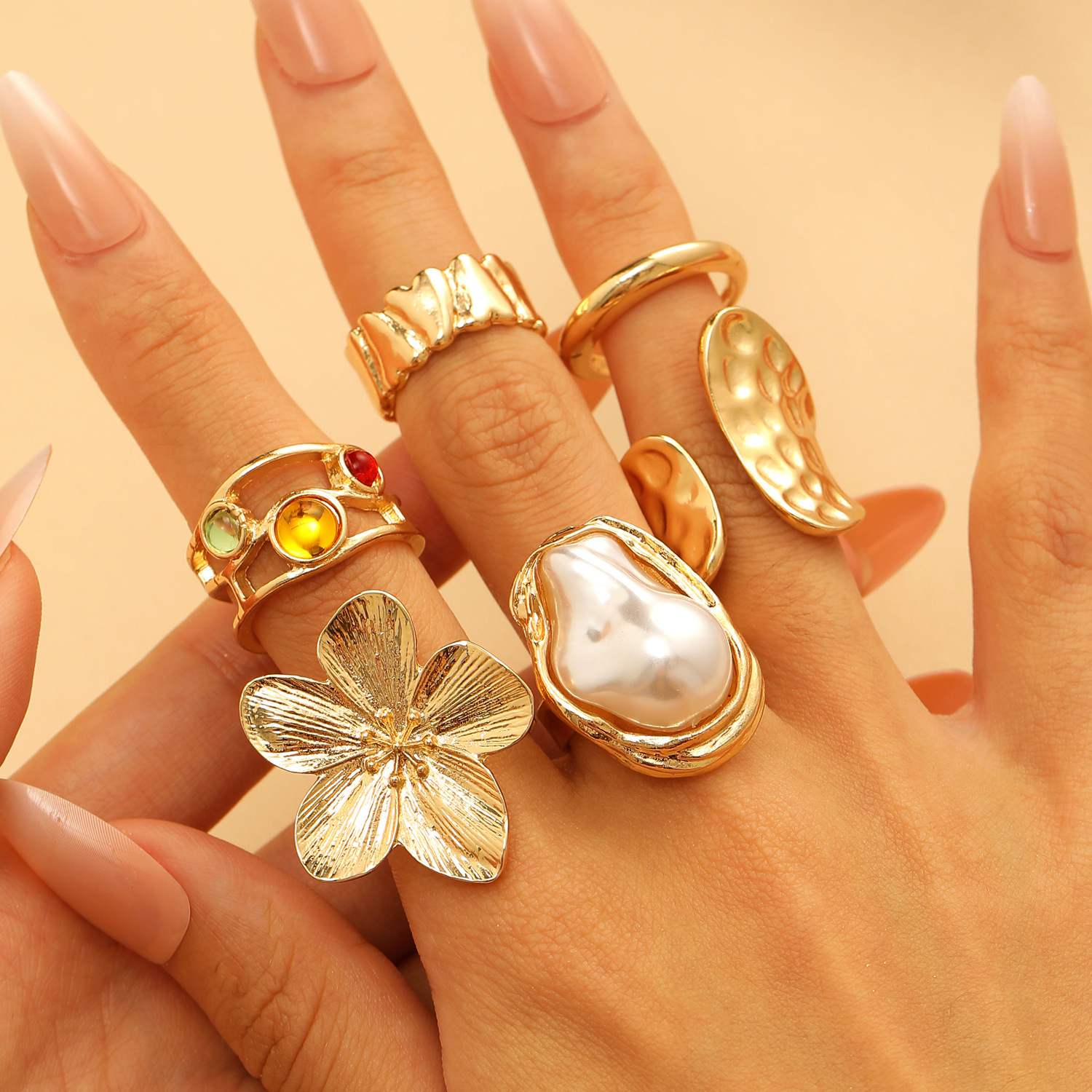 Set of 6 Adjustable Pearl Gold-Plated Vintage Liquid Lava Flower Rings ...