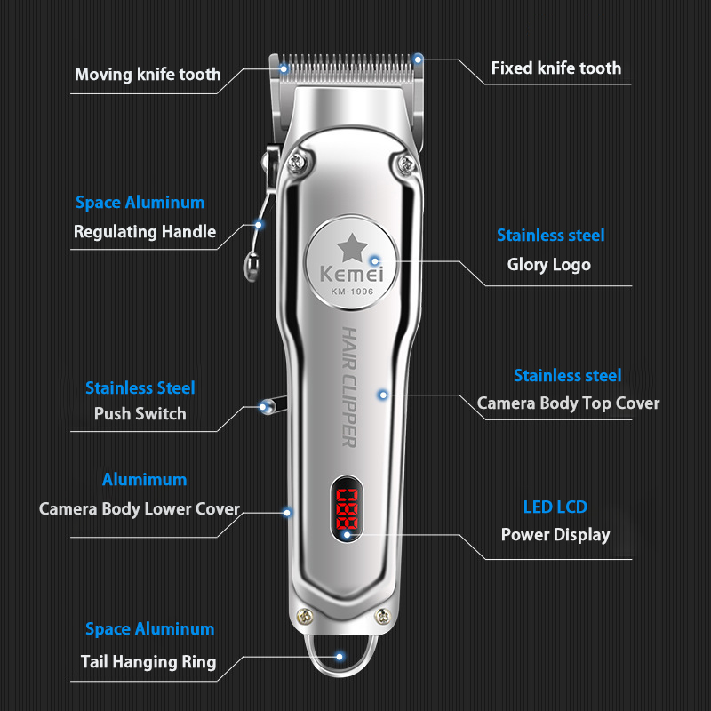 Kemei KM-1996/679/817 Professional All Silver Barber Set Rechargeable ...
