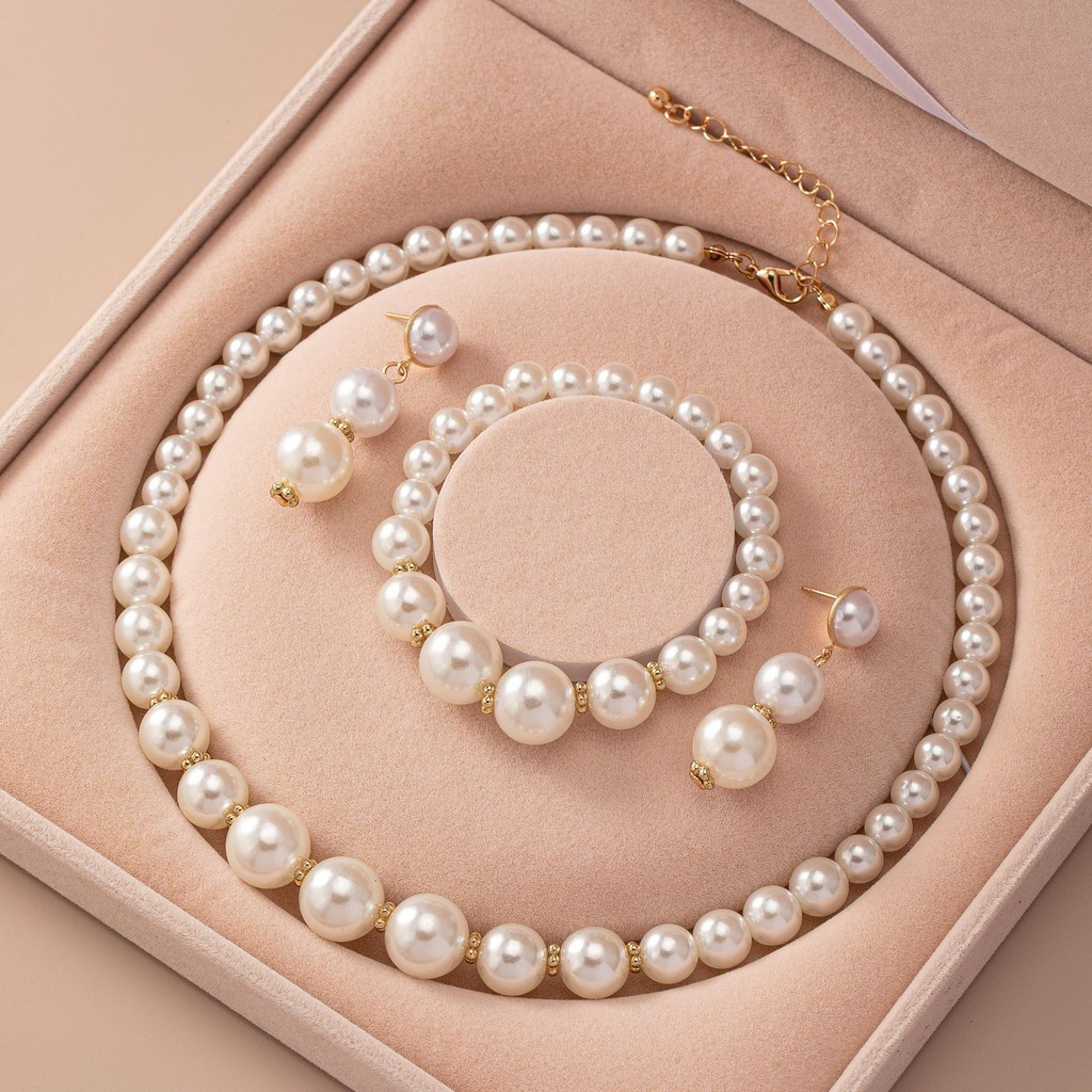 3PCS Pearl Jewelry Set For Girls Elegant Necklace Bracelet Earrings ...