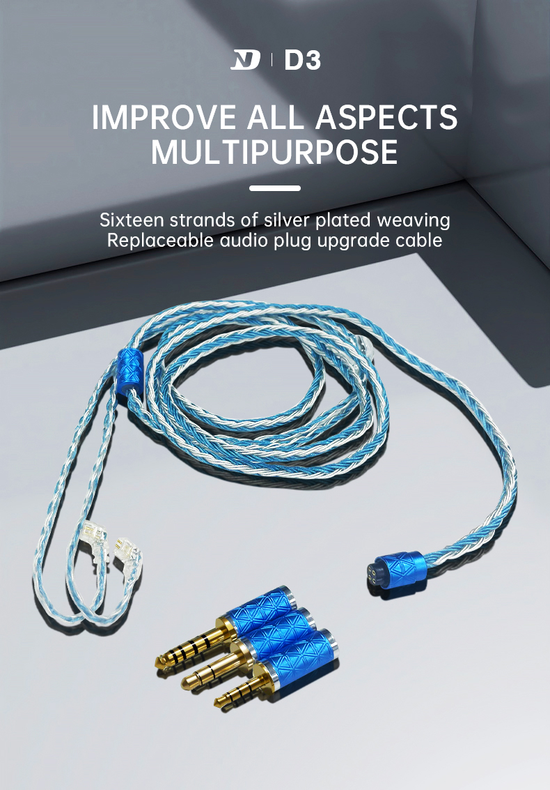 ND D3 blue and silver earphone cable 2.5-3.5-4.4mm double plug 2pin ...