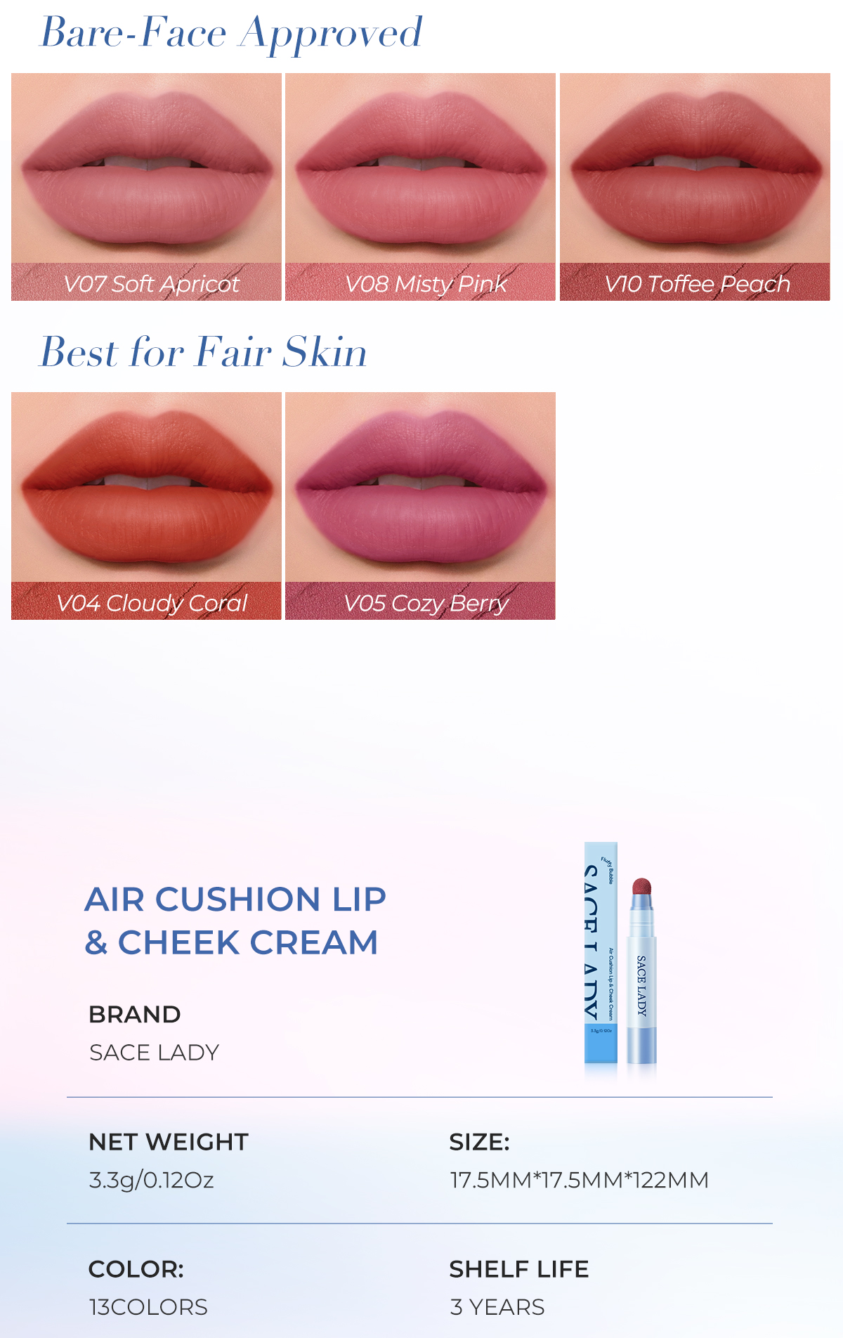 SACE LADY Air Cushion Lipstick Multi-use Cheek Cream Silky Texture ...
