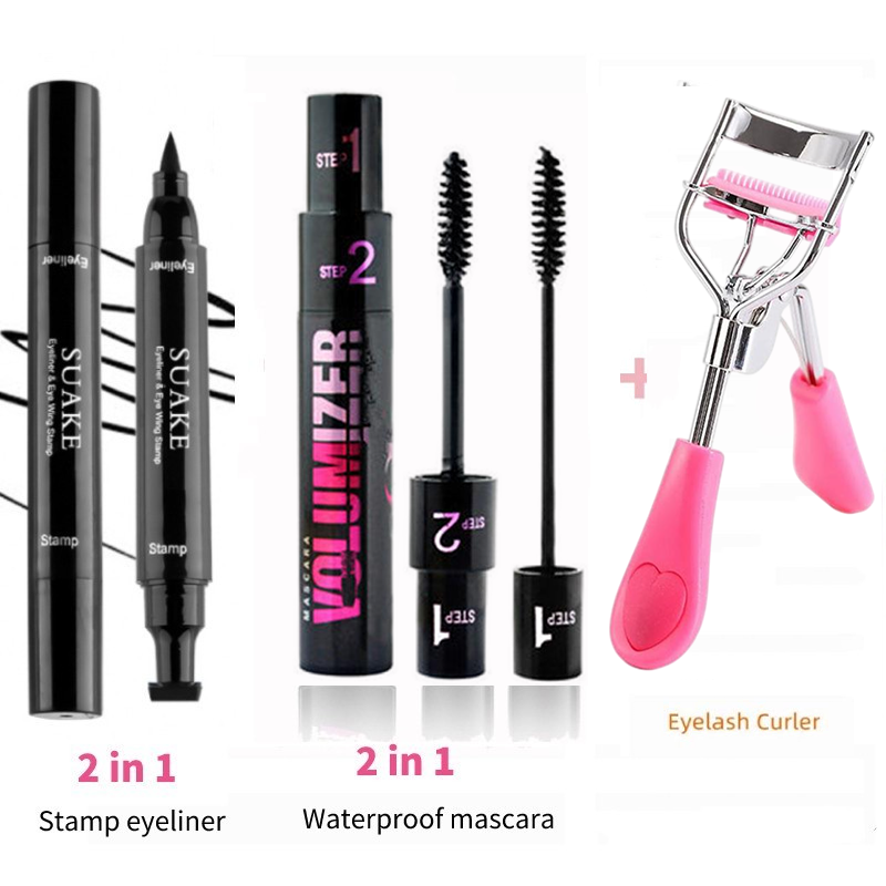 3-in-1 Eye Makeup Set - Waterproof Mascara Stamp, Eyelash Curler & Comb ...