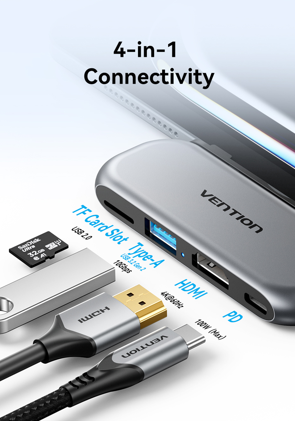 Vention 4-in-1 USB-C 10Gbps Cable-Free Docking Station 4k@60Hz 100W PD ...