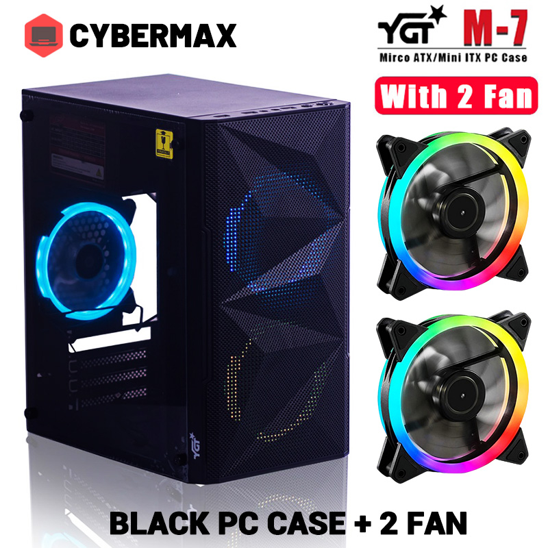 YGT Gaming PC Case With 2 Fans Tempered Glass Side Micro ATX Case ...