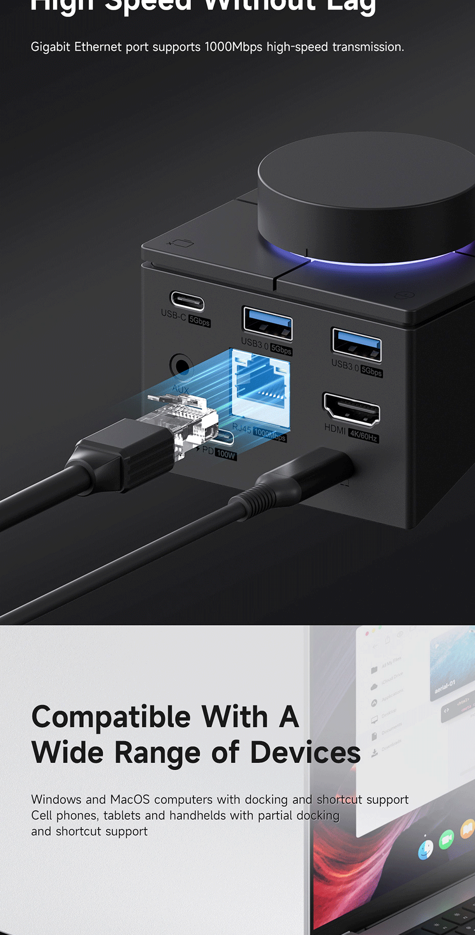 Hagibis Knob USB C Hub With 4K60Hz HDMI 100W PD Shortcut Buttons Type-C ...