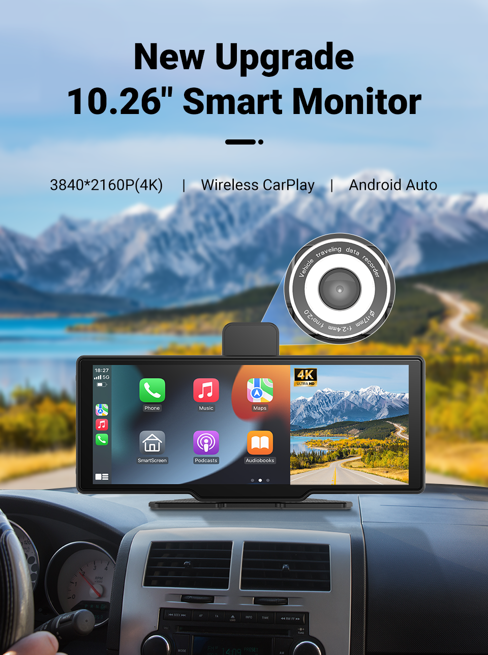 XUDA Carplay 4K Dash Cam WIFI Android Apple 10.26 In Front and Rear ...