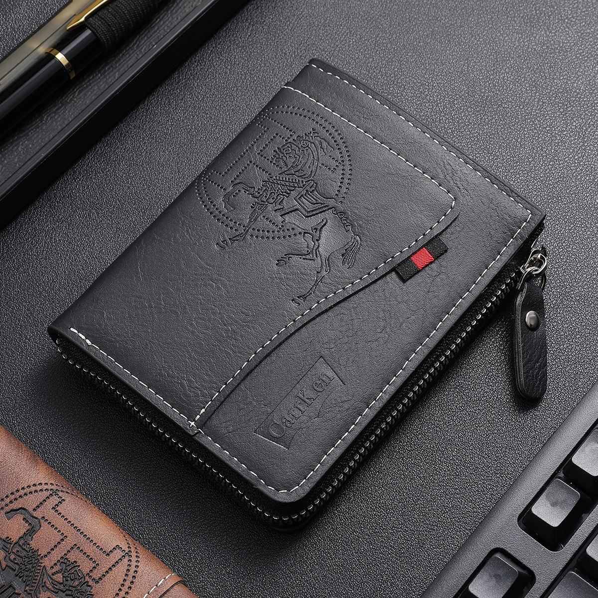 CarrKen Men's Leather Wallet Slim Zipper Bifold Multi-Function ...