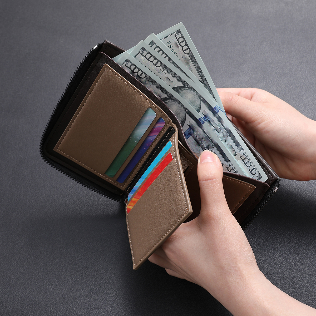 CarrKen Men's Leather Wallet Slim Zipper Bifold Multi-Function ...