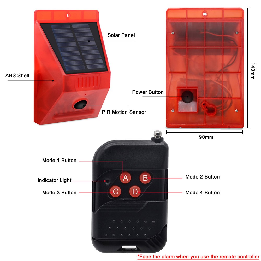Solar Motion Detector Alarm with Sound Alert, Flashing Light Warning ...