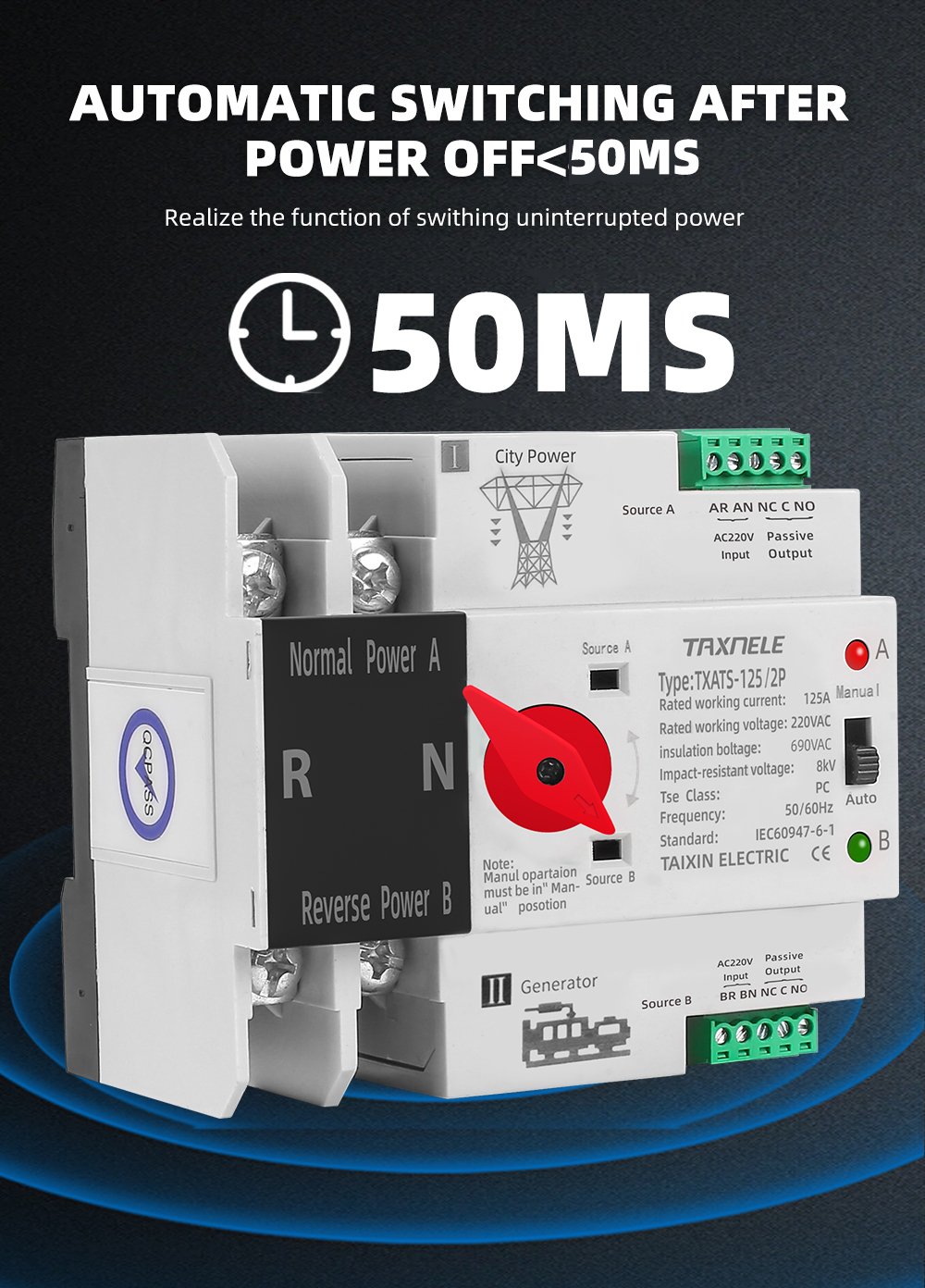 TAXNELE Din Rail 2P 4P ATS Dual Power Automatic Transfer Switch 63A 125A Selector Switches ...