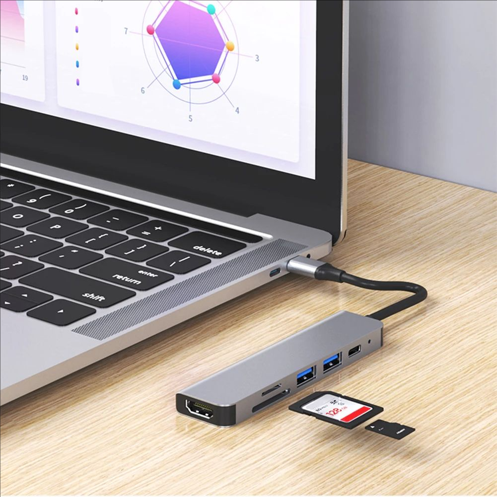 Type C Hub 6 in 1 USB 3.0 port TF SD Card Reader to HDMI 4K High Speed for Laptop PC | Shopee ...