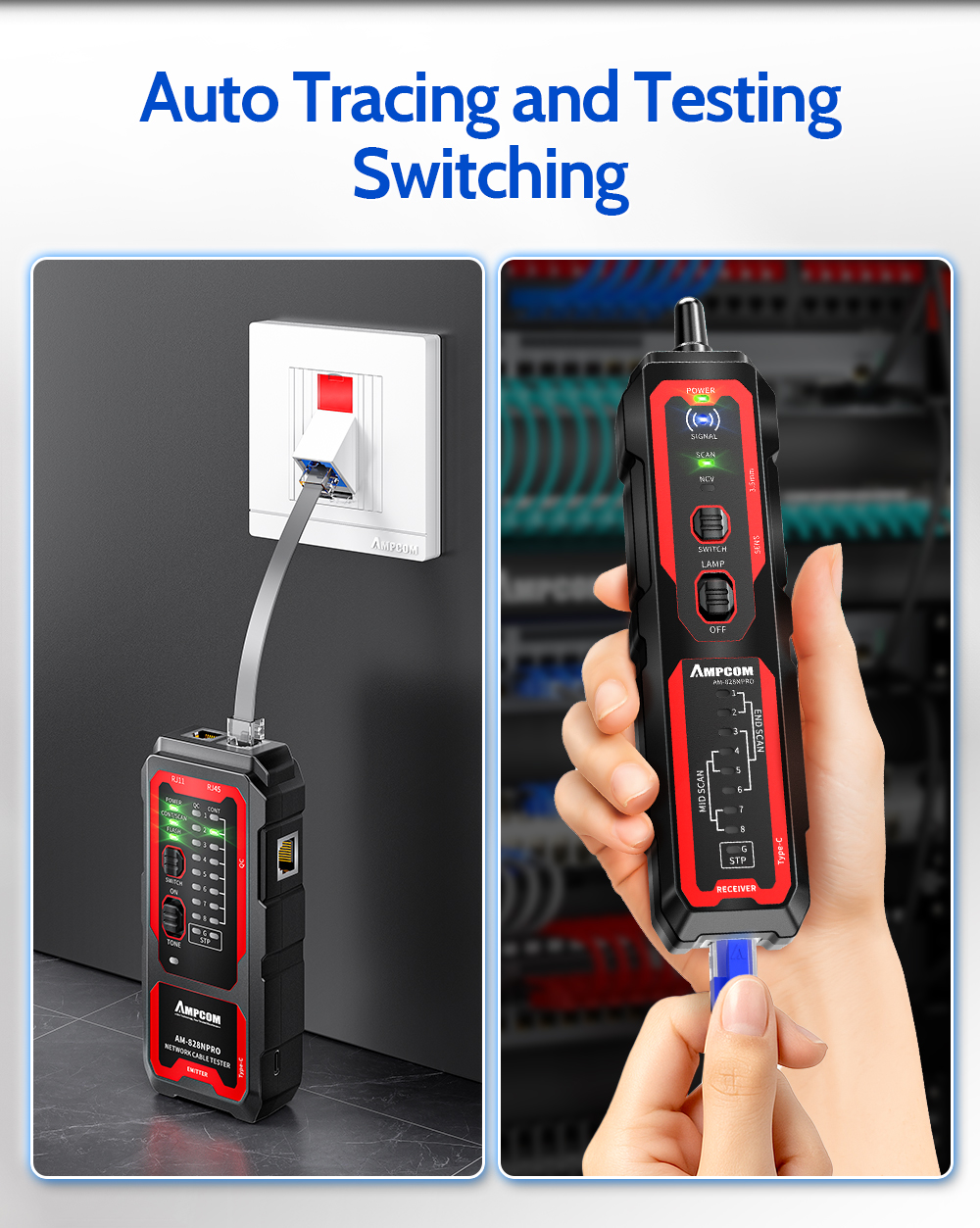 AMPCOM Network Cable Tester, USB Charging, Test on PoE, NCV, Ethernet ...