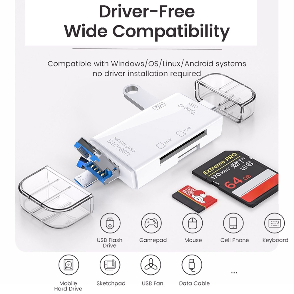 6 In 1 SD Card Reader OTG Type C Micro Adapter Flash Drive Memory USB2 ...