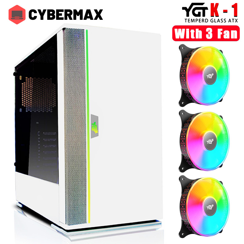 YGT K1 ATX Gaming PC Case With 3 RGB Fans Tempered Glass White Desktop ...