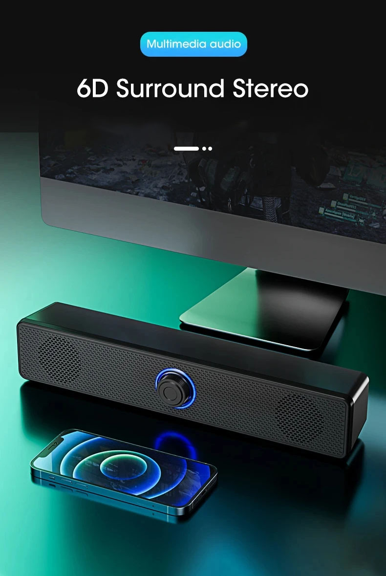 PC Soundbar USB Wired Speaker Heavy Bass Subwoofer Boom Box Surround ...