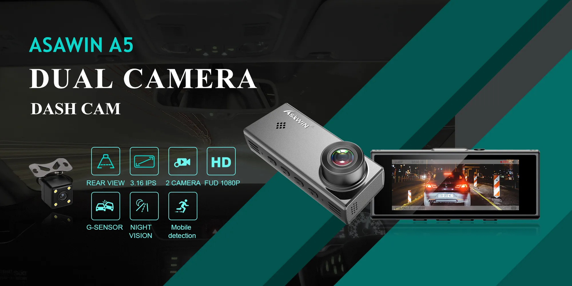 Dual Lens Dash Cam for Car Dvr Front And Back Asawin A5 3.16 Ips Sceen ...