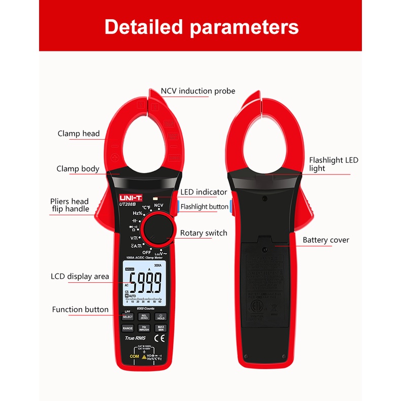 UNI-T UT206B UT207B UT208B 1000A Clamp Multimeter Meter VFC Electrical ...