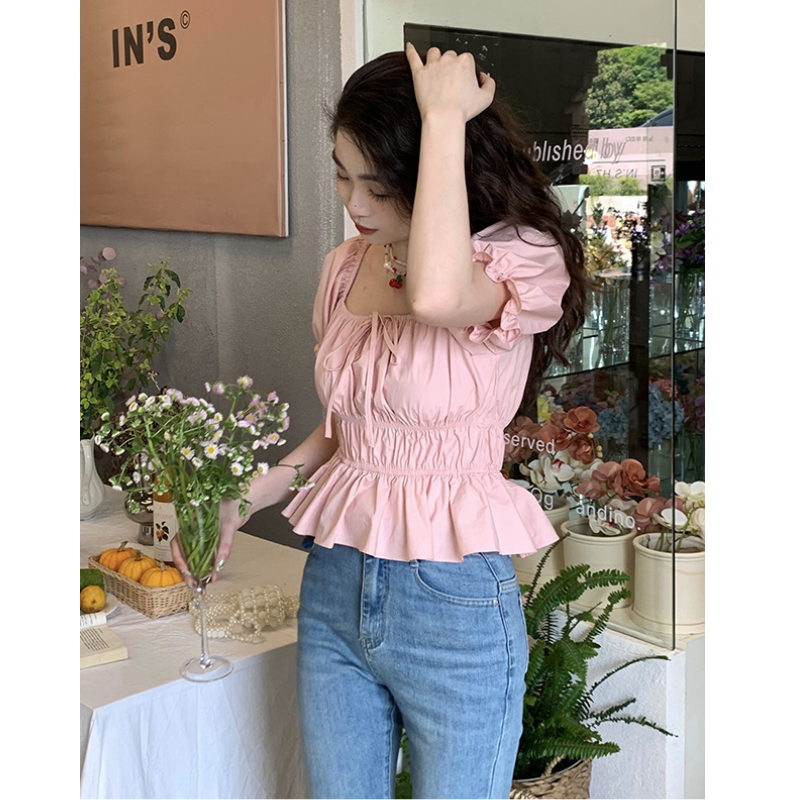 French Square Neck Puff Sleeve Tie Up Gentle Short Sleeved Shirt Women ...