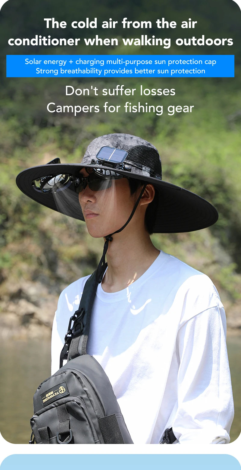 Wide Brim Solar Dual Fan Hat Outdoor Camping Fishing Hat Anti-UV Fan ...