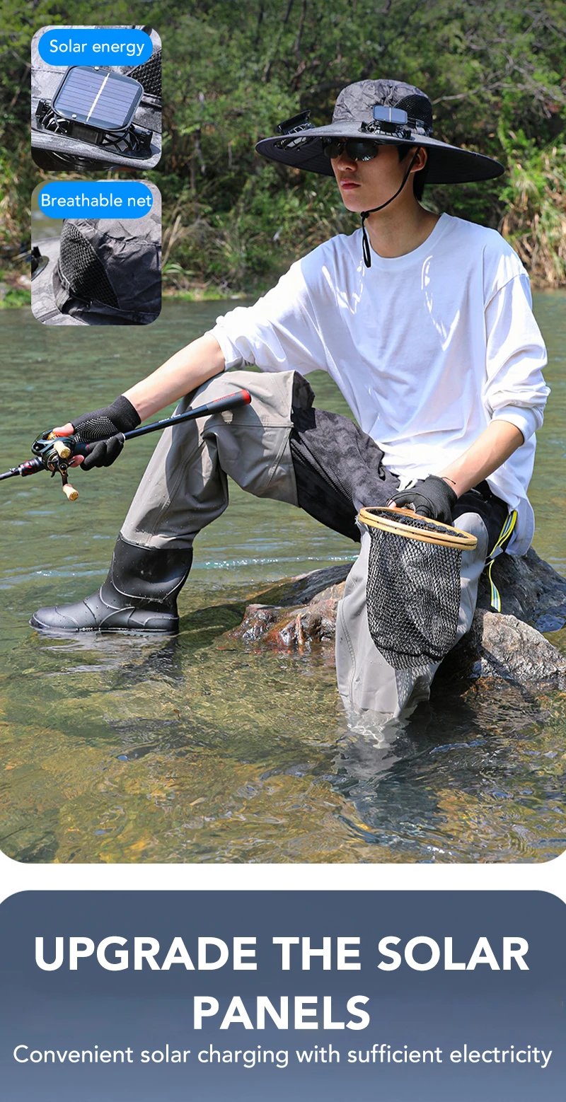 Wide Brim Solar Dual Fan Hat Outdoor Camping Fishing Hat Anti-UV Fan ...