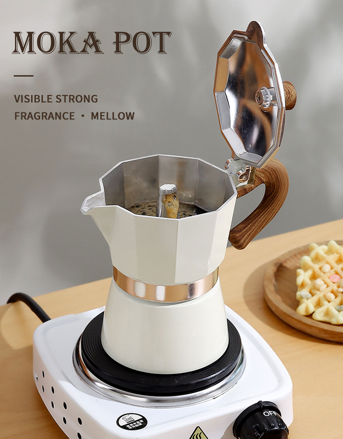 Moka Pot White 150ml/300ml Brewed Coffee Maker Aluminum Wooden Handle ...
