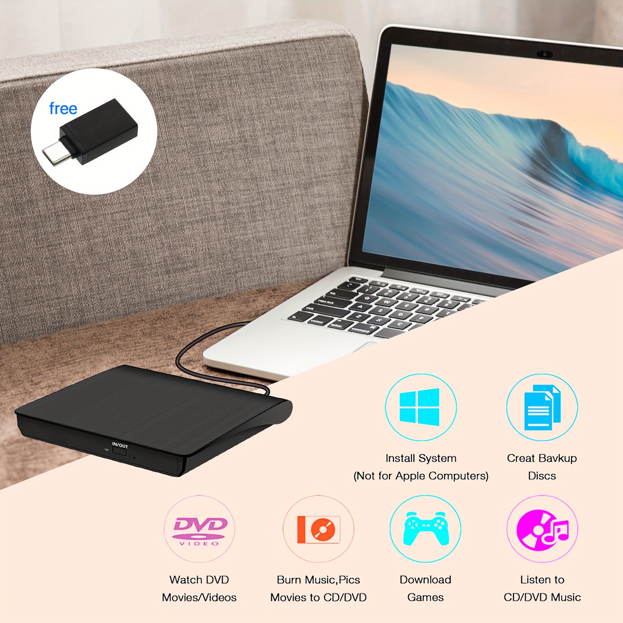 USB 3.0 External CD/DVD RW Drive Dual-Interface, Slim Portable Burner ...